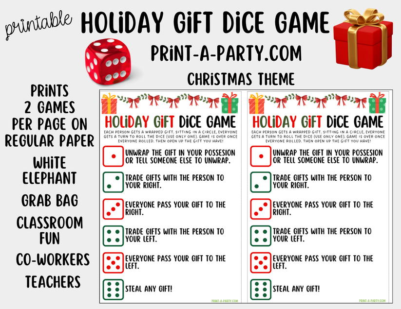 DICE GAME- Printable Holiday Gift Dice Game – Fun Christmas Gift Excha ...
