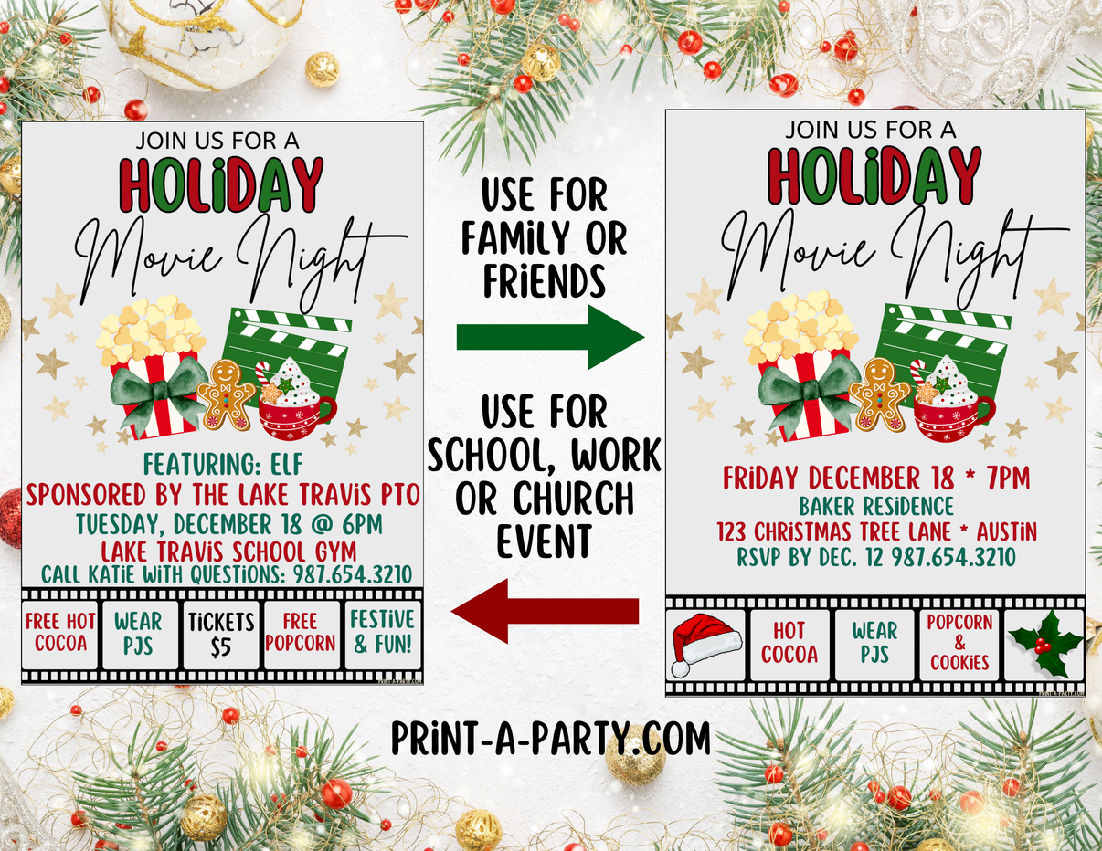 Editable Holiday Movie Night Invitation | Holiday Party Invitation ...