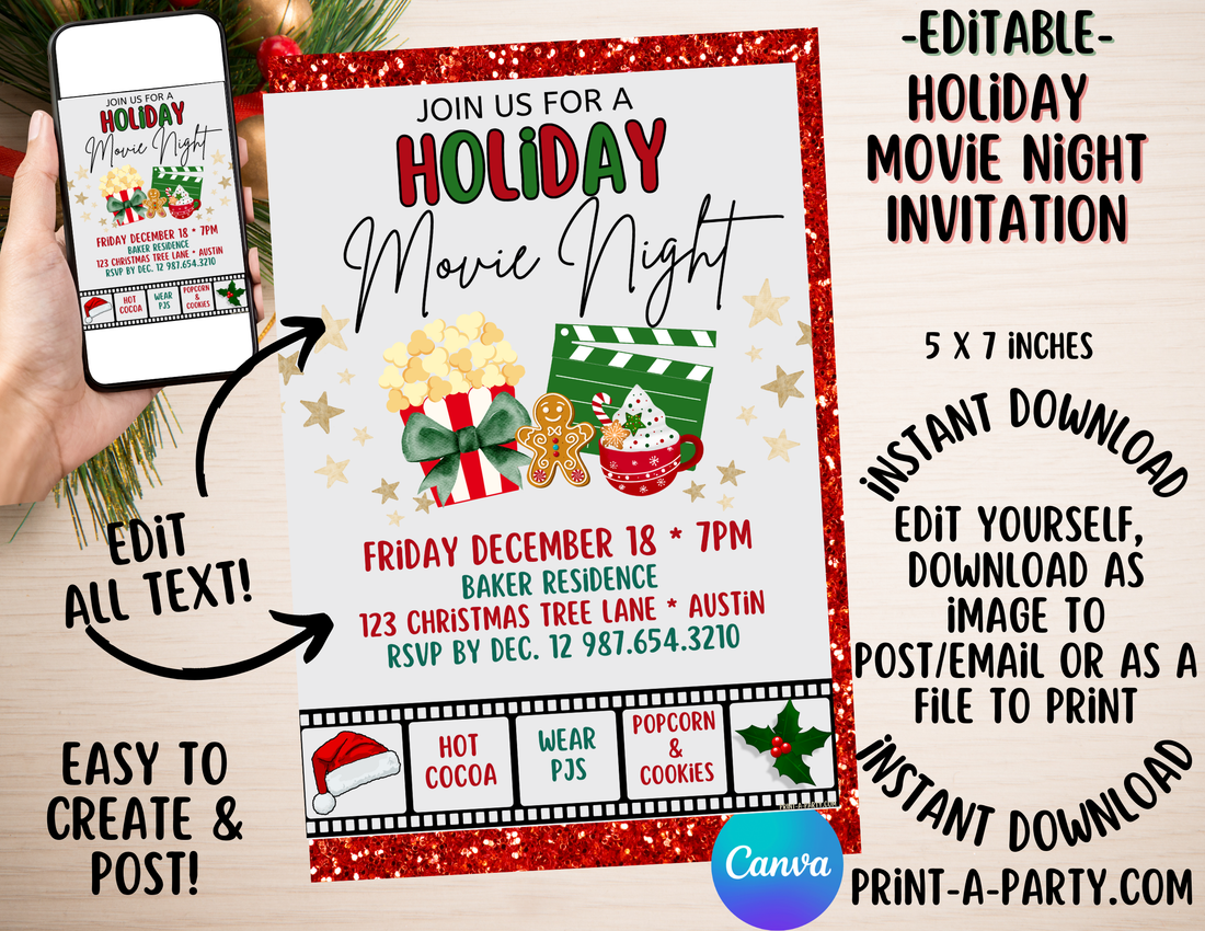 Editable Holiday Movie Night Invitation | Holiday Party Invitation ...