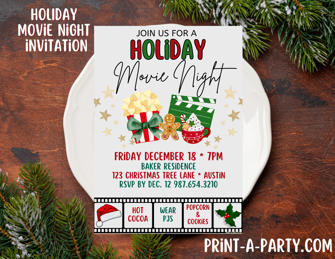 Editable Holiday Movie Night Invitation | Holiday Party Invitation ...