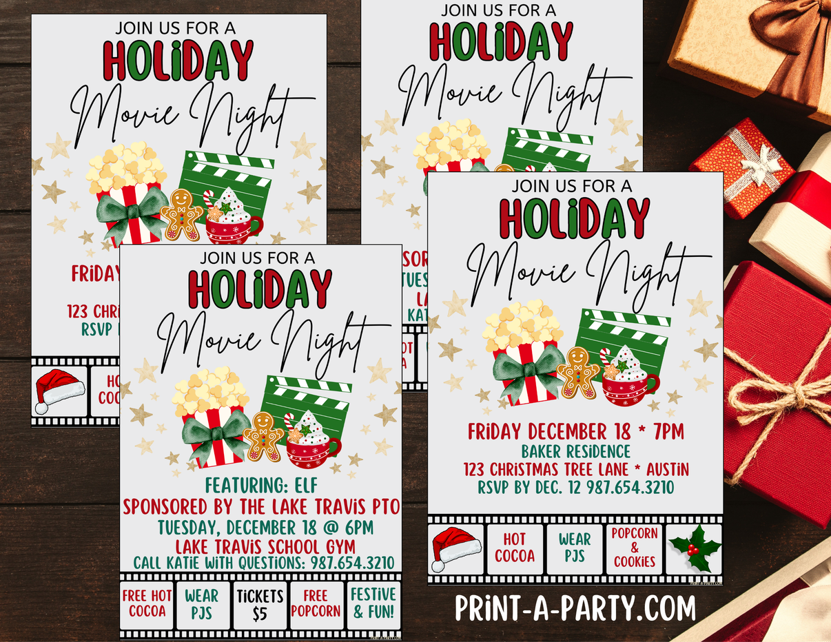 Editable Holiday Movie Night Invitation | Holiday Party Invitation ...