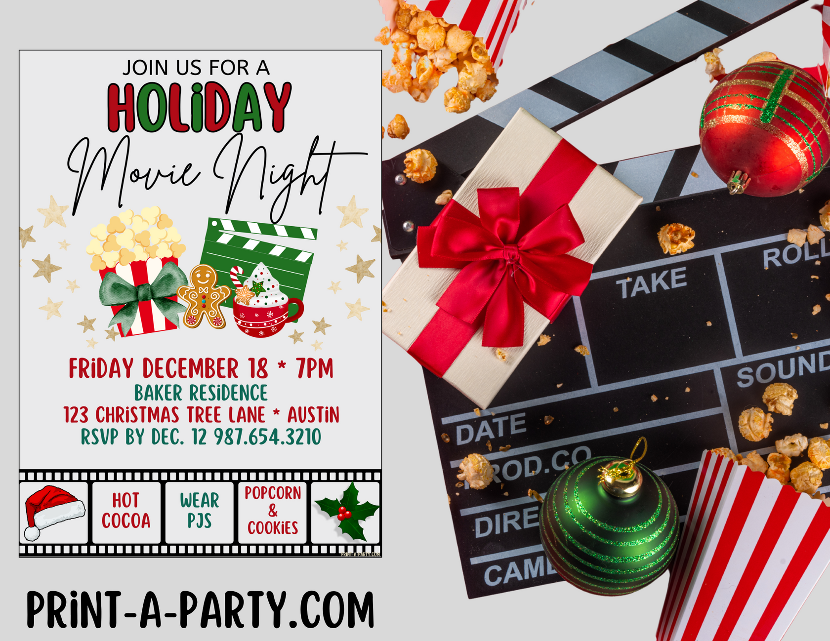 HOLIDAY MOVIE NIGHT Editable Invitation Template – Customizable Festiv ...
