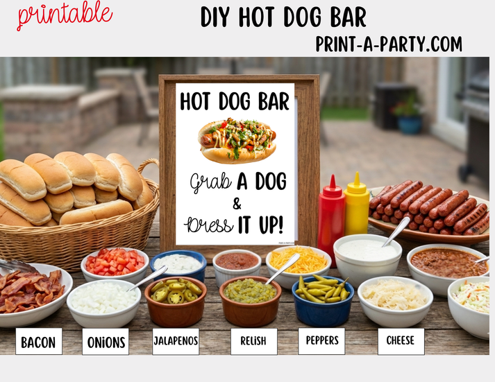 Hot Dog Bar Set – Printable Food Station Sign & Topping Tent Cards for ...