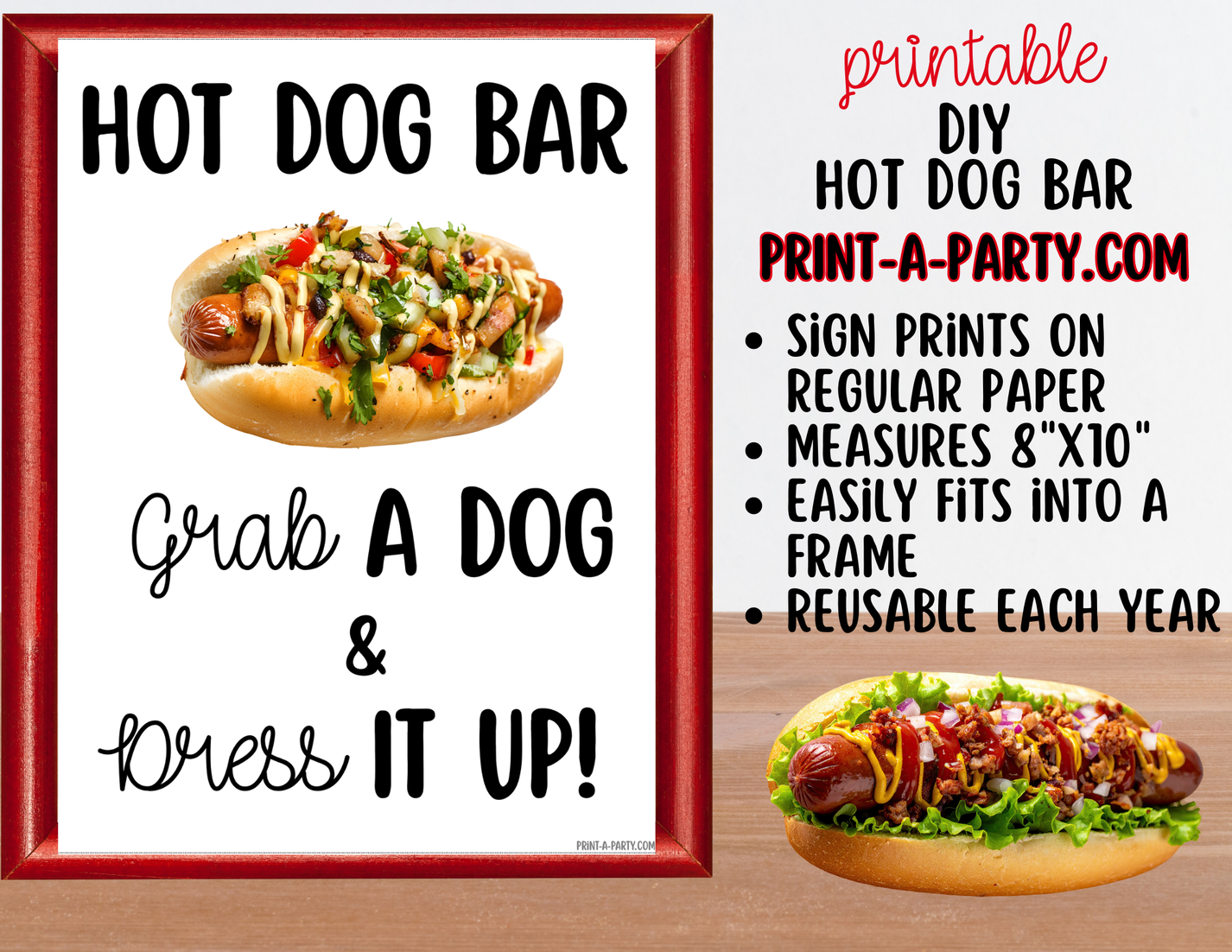 Hot Dog Bar Set – Printable Food Station Sign & Topping Tent Cards for ...