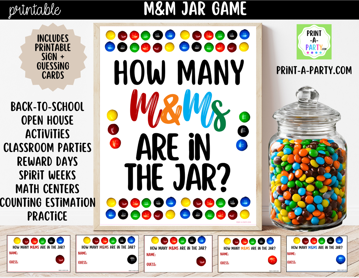 M&Ms Candy Jar Guessing Game Printable Sign (8x10) + Guessing Cards ...