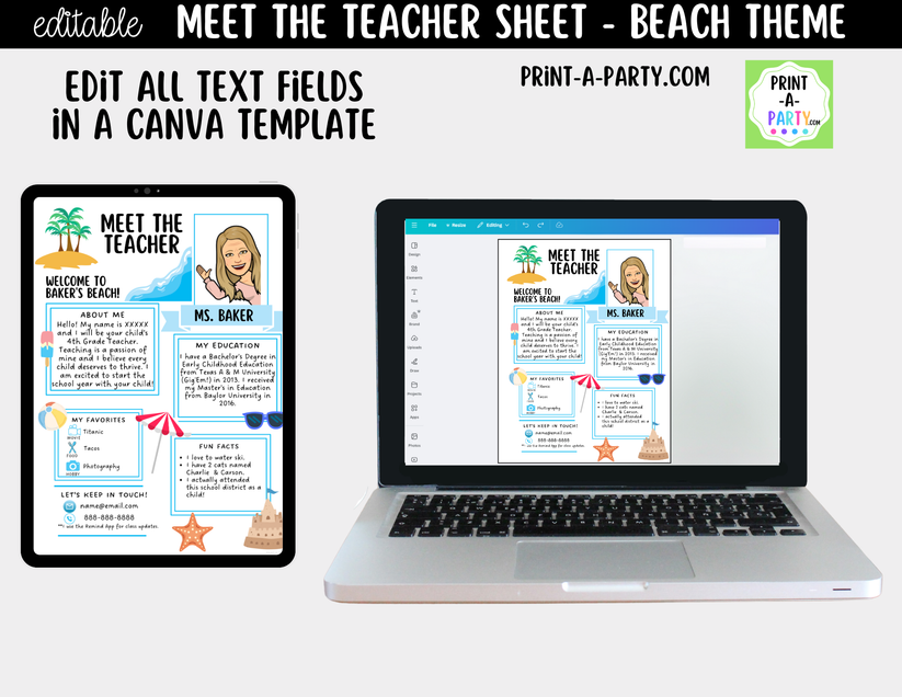 Meet the Teacher Beach Theme Canva Template | Editable Back to School ...
