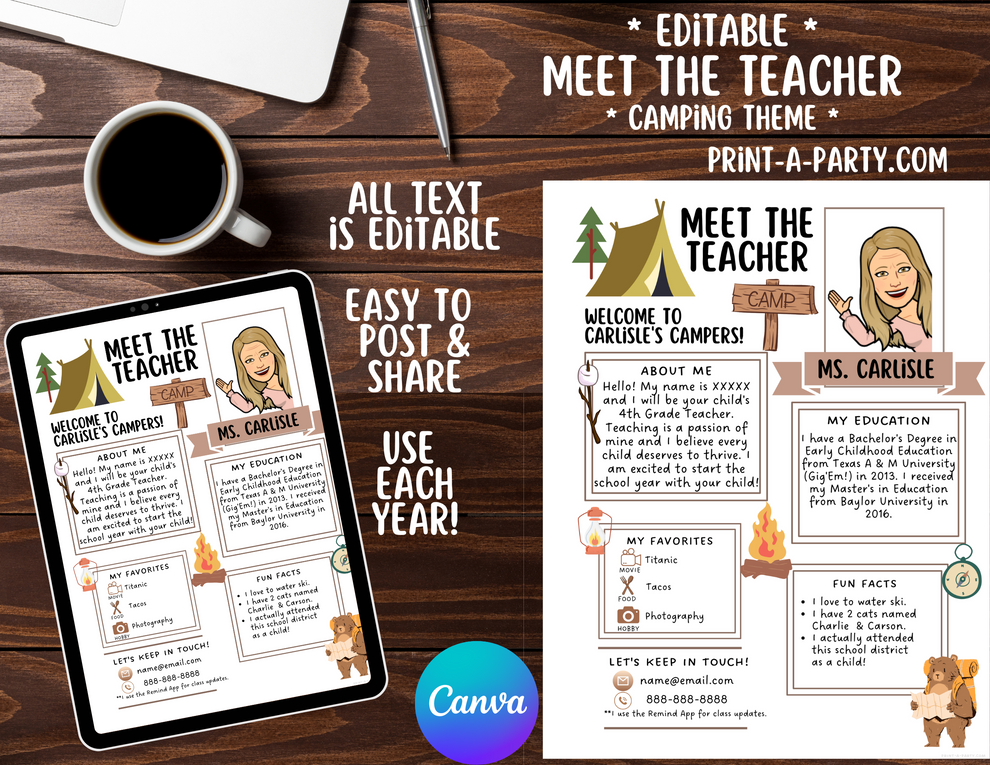 Meet the Teacher CAMPING Template | Editable Classroom Introduction Pr ...
