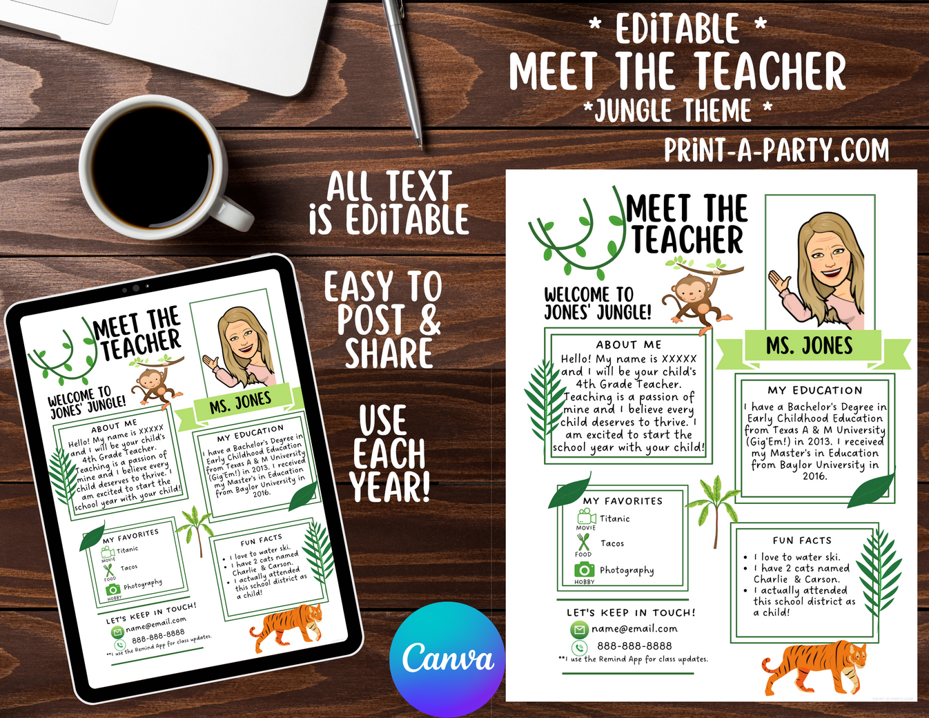 Meet the Teacher Editable Template – JUNGLE Theme Printable for Teache ...