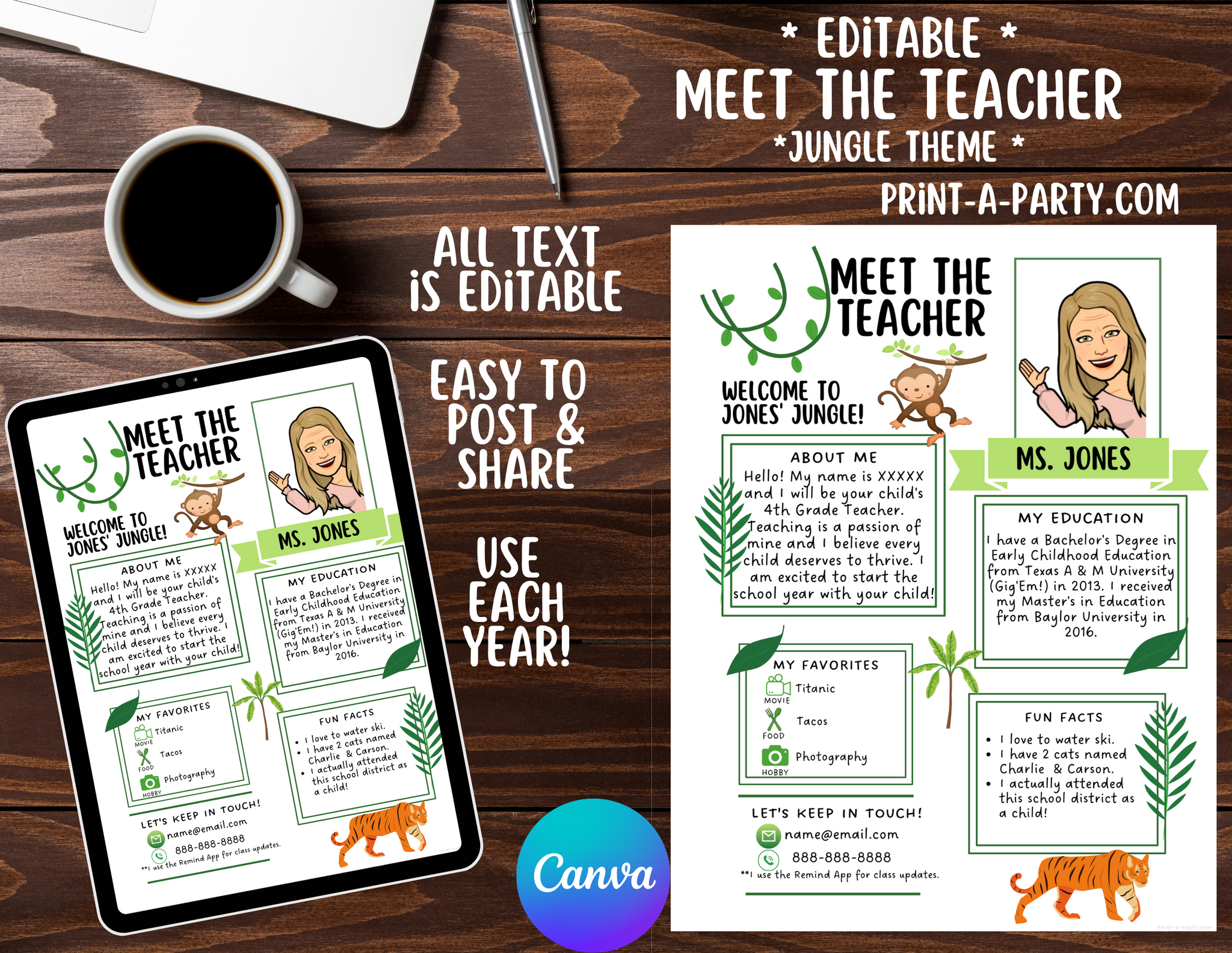 Meet the Teacher JUNGLE Template | Editable Classroom Introduction Pri ...