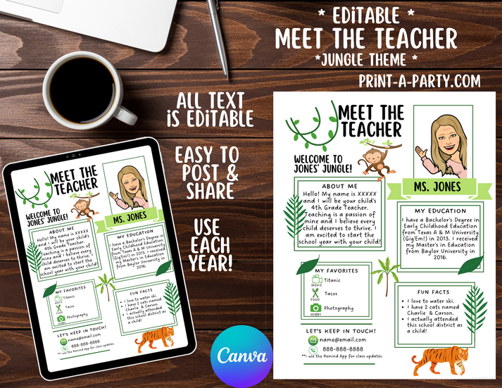 Meet the Teacher Editable Template – JUNGLE Theme Printable for Teache ...