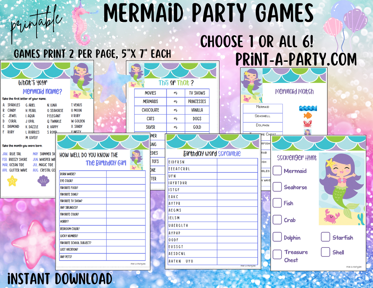 Mermaid Birthday Party Games Bundle – Printable Mermaid Party Games (6 ...