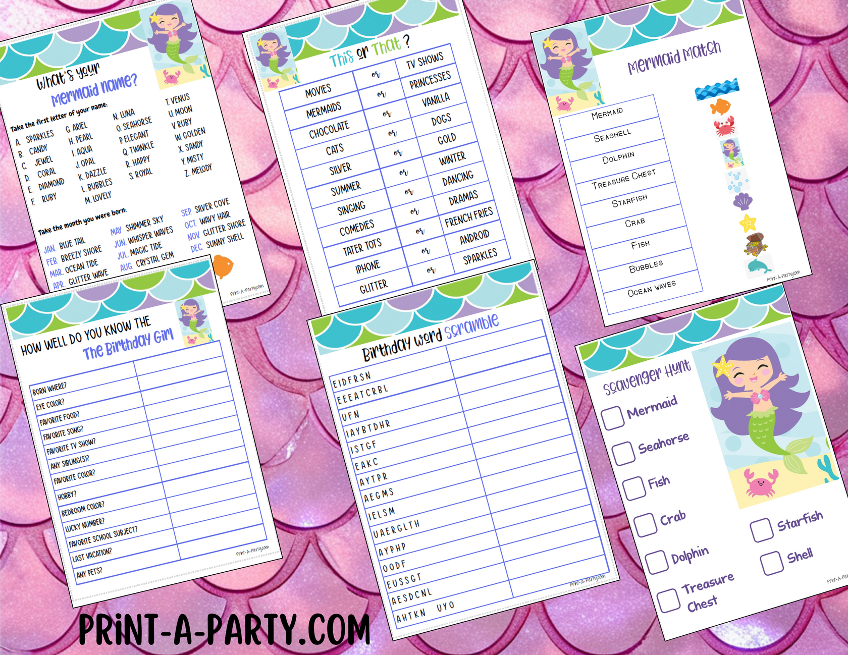Mermaid Birthday Party Games Bundle – Printable Mermaid Party Games (6 ...