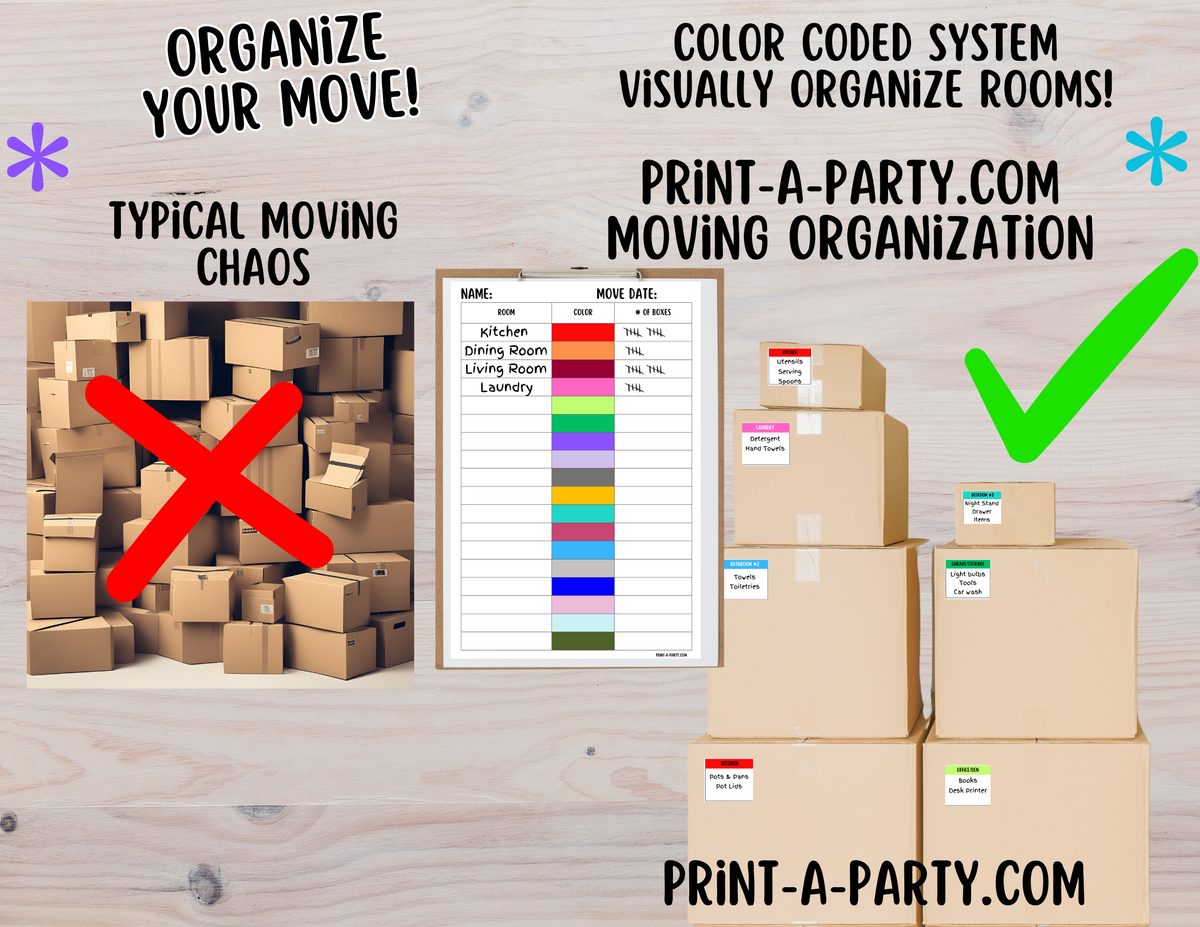 MOVING PLANNING BINDER: 29 Pages | Color Coded Moving Box Labels (18 ...