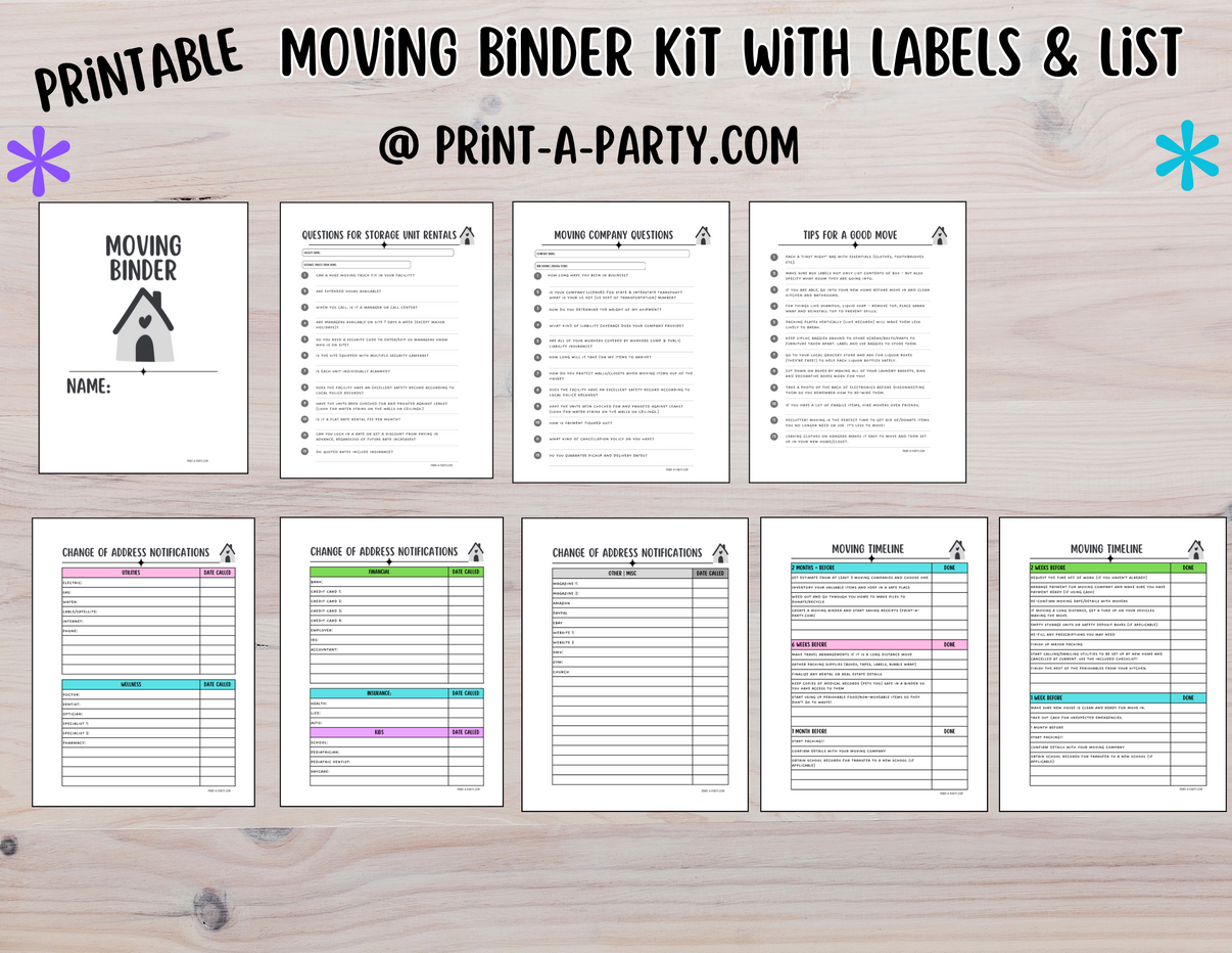 MOVING PLANNING BINDER: 29 Pages | Color Coded Moving Box Labels (18 ...