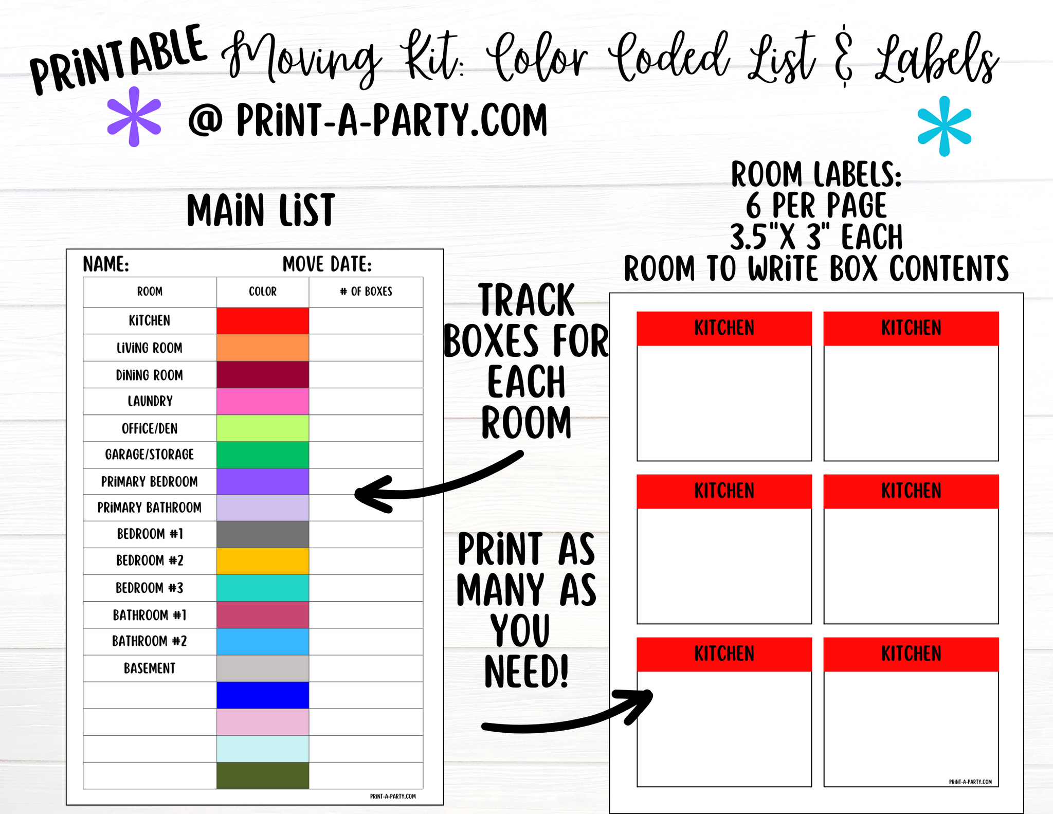 MOVING KIT: Color Coded Room Pre-filled Moving Box Labels (18) | Main ...