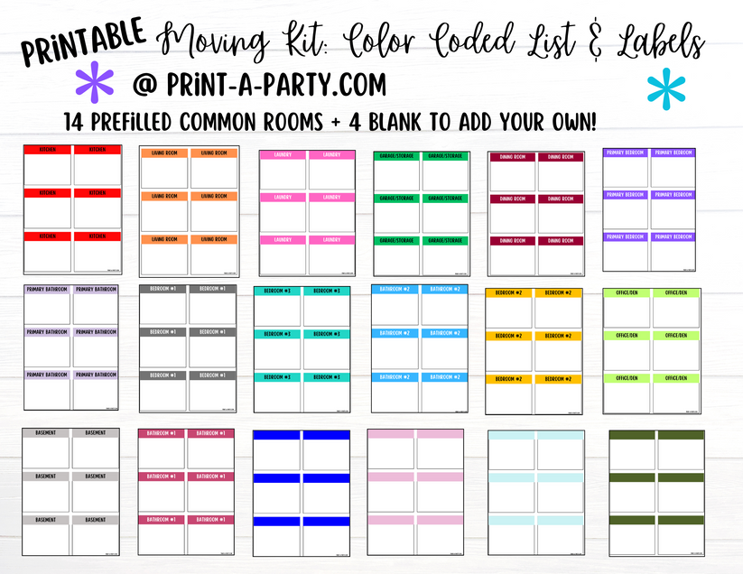MOVING KIT: Color Coded Room Pre-filled Moving Box Labels (18) | Main ...