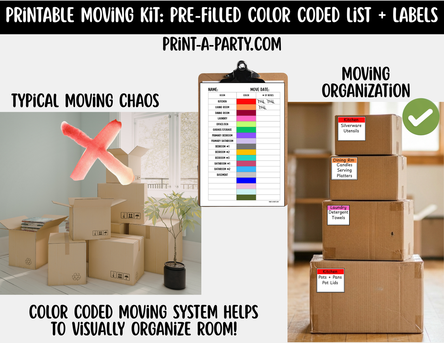Moving Organization: Pre-Filled Color-Coded Moving Box Labels Kit – 18 ...