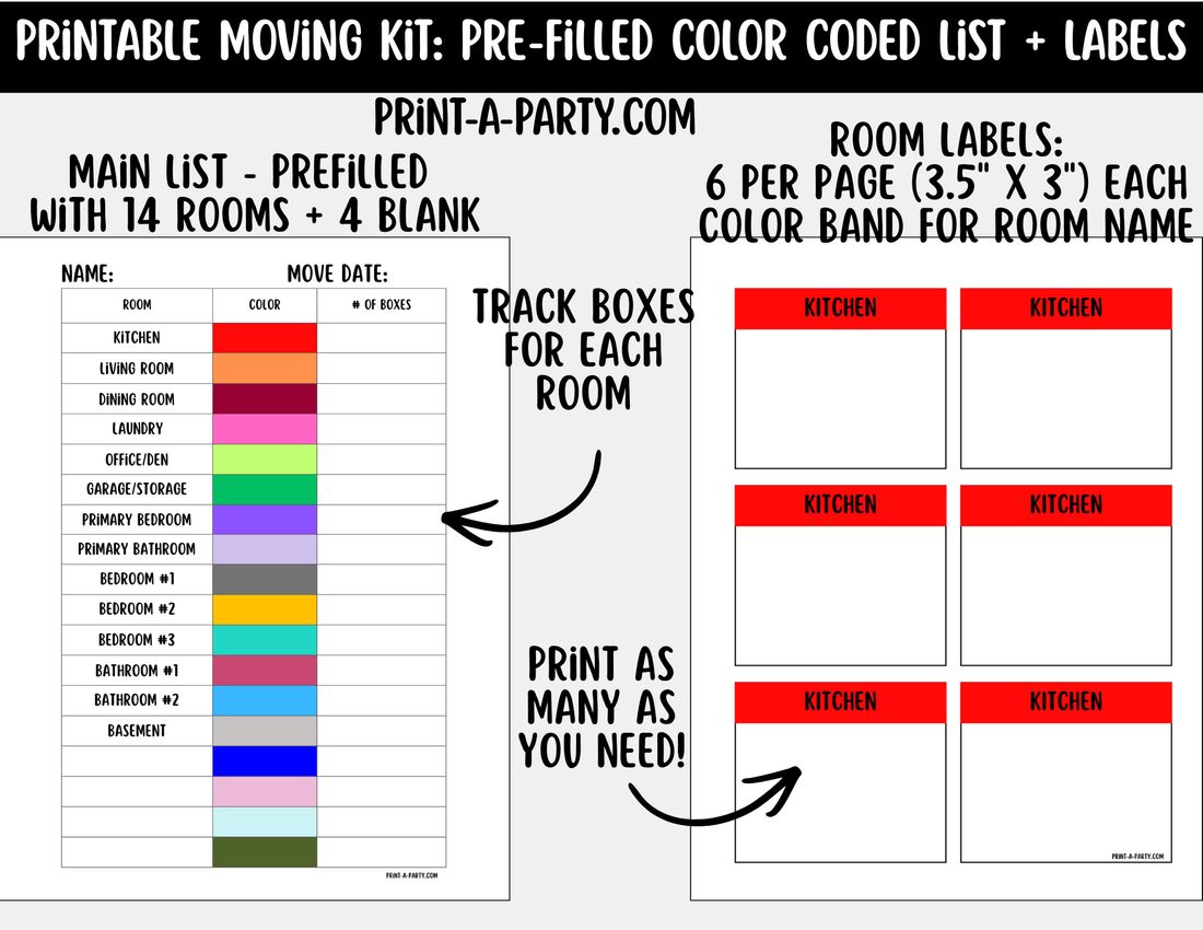 Moving Organization: Pre-Filled Color-Coded Moving Box Labels Kit – 18 ...