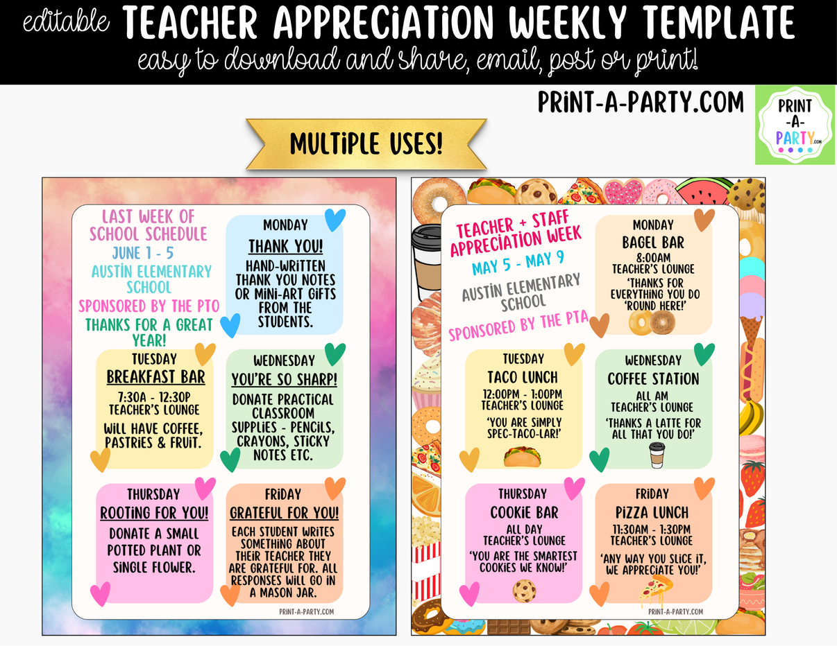 Teacher Appreciation Week Schedule Template – Editable Canva Planner f ...