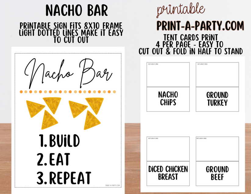 NACHO BAR Sign and Topping Cards Printable in White - perfect for part ...