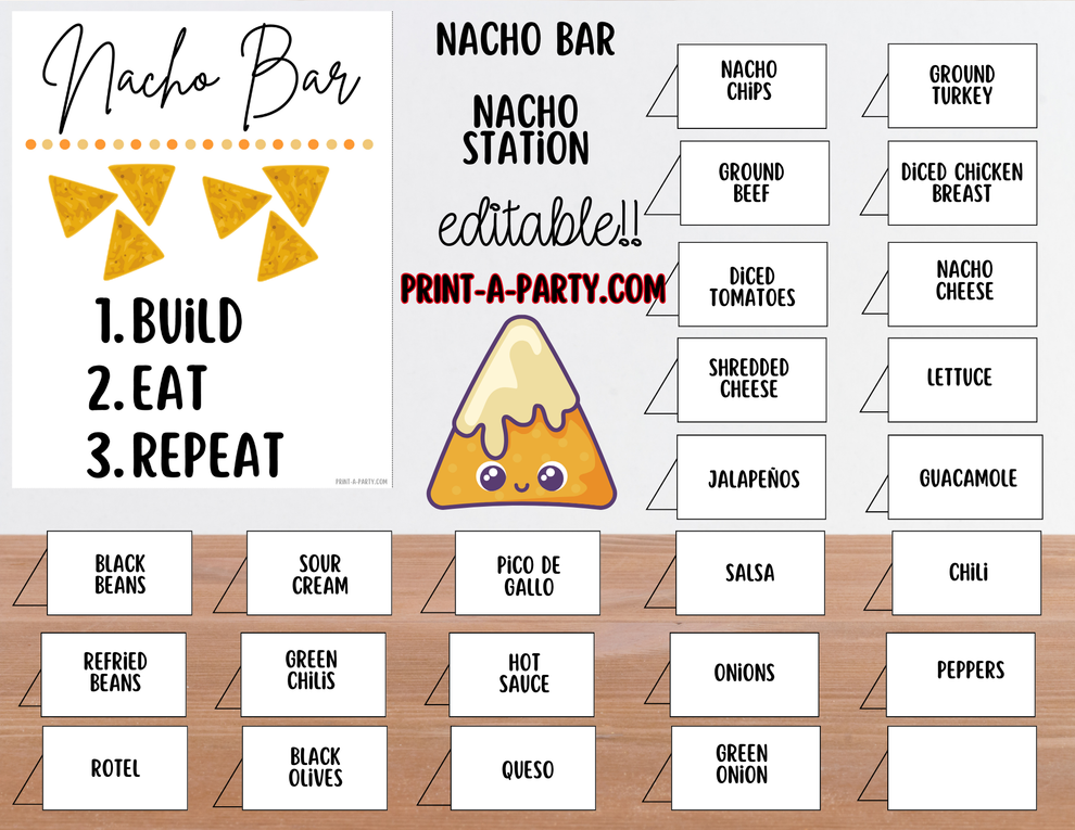 Editable NACHO BAR - White Sign and Toppings Labels Template - Perfect ...