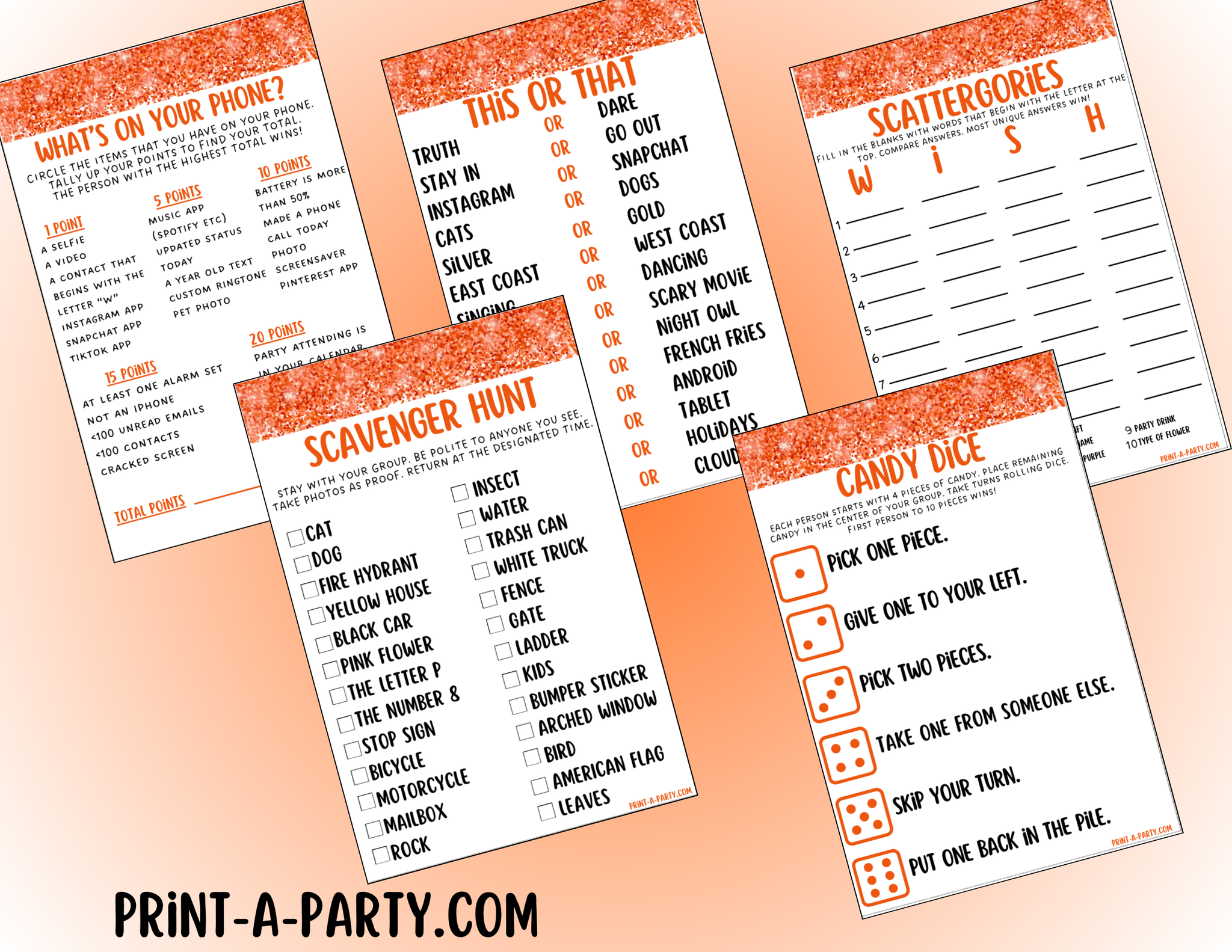 Color Party Games Printable Orange Color Party Theme Games Bundle (5x7 ...