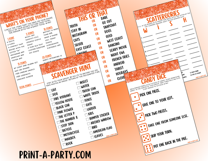 Color Party Games Printable Orange Color Party Theme Games Bundle (5x7 ...