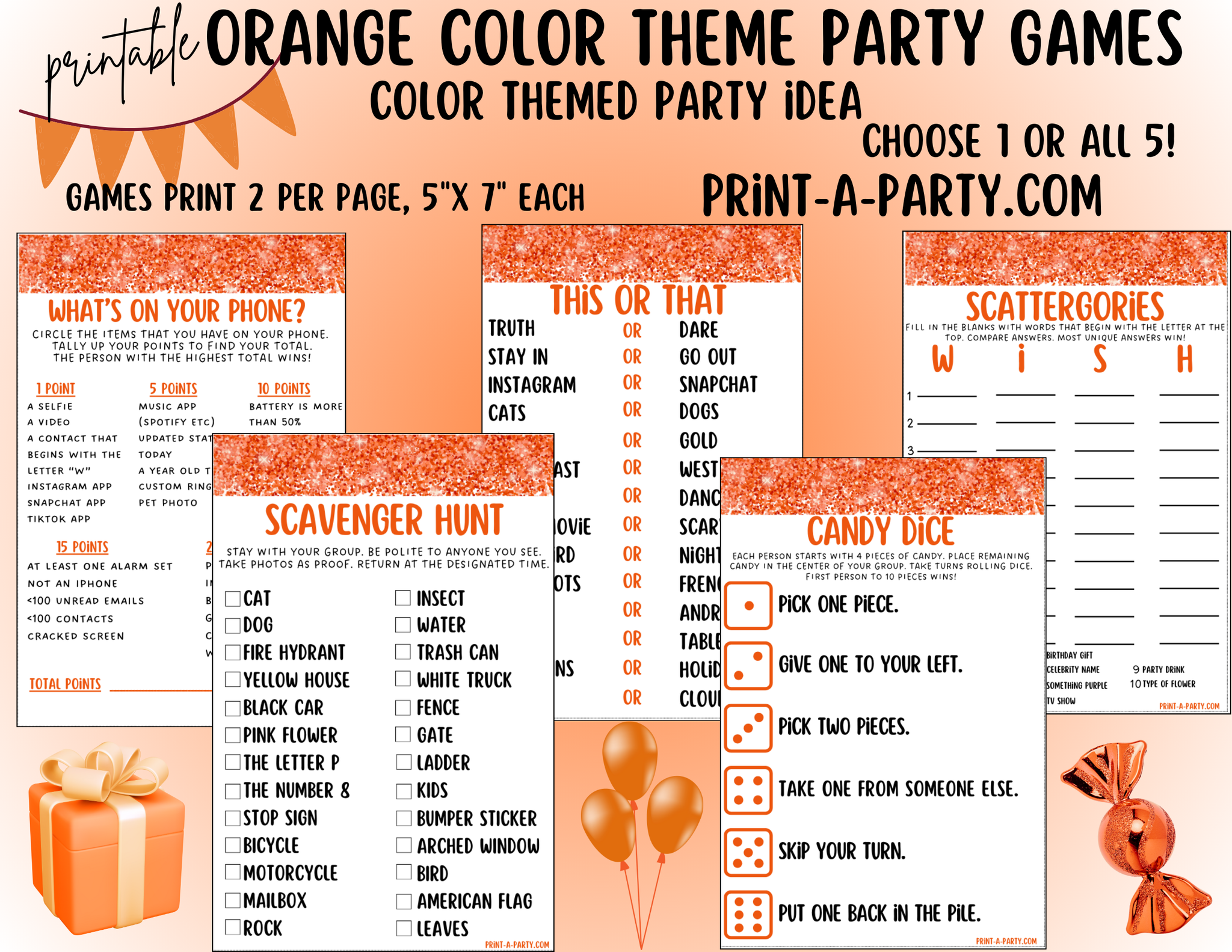 Color Party Games Printable Orange Color Party Theme Games Bundle (5x7 ...