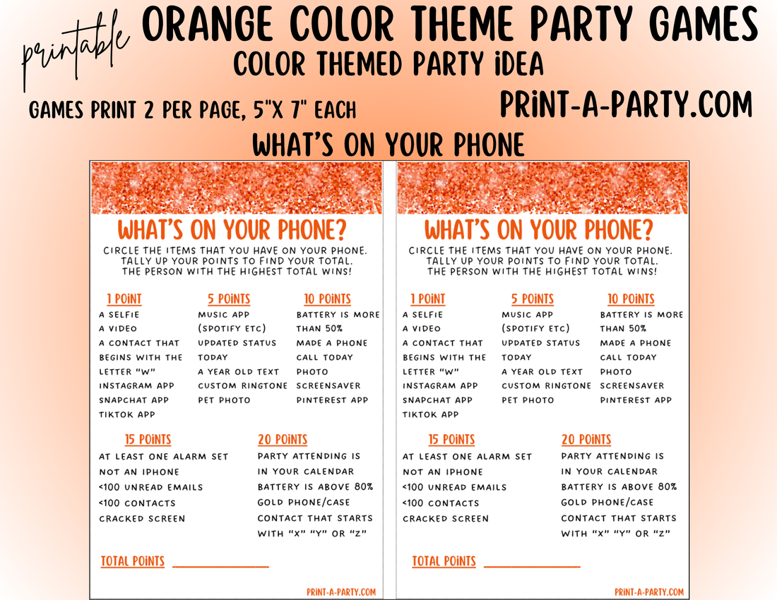 Color Party Games Printable Orange Color Party Theme Games Bundle (5x7 ...