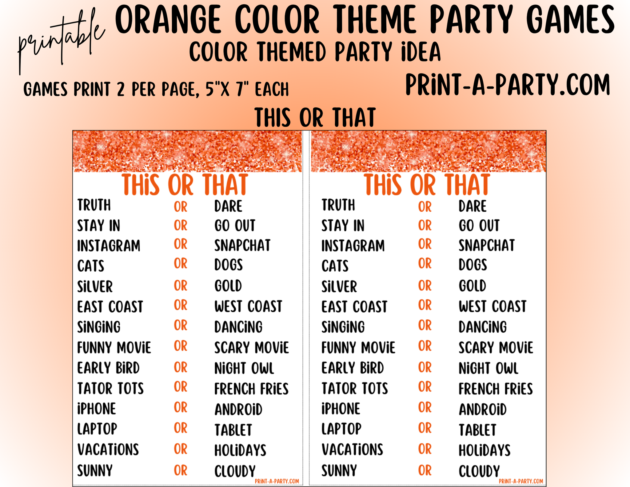 Color Party Games Printable Orange Color Party Theme Games Bundle (5x7 ...
