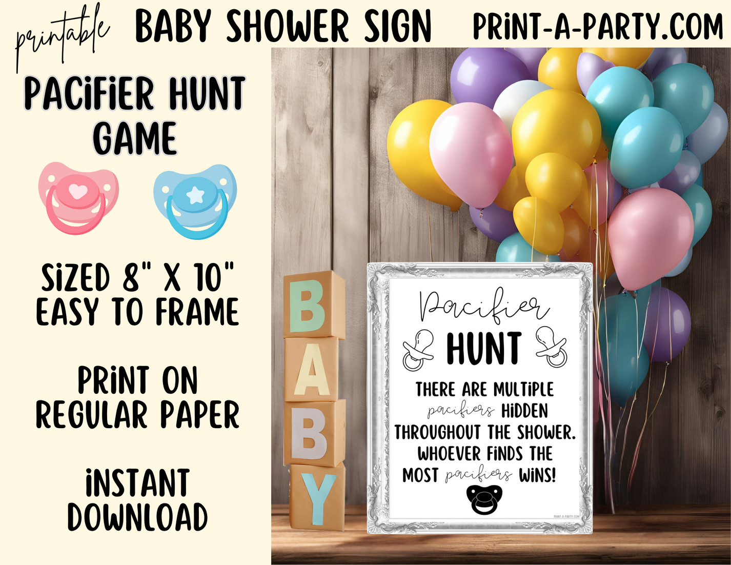 Printable Baby Pacifier Hunt Game Sign - perfect for Baby Showers ...