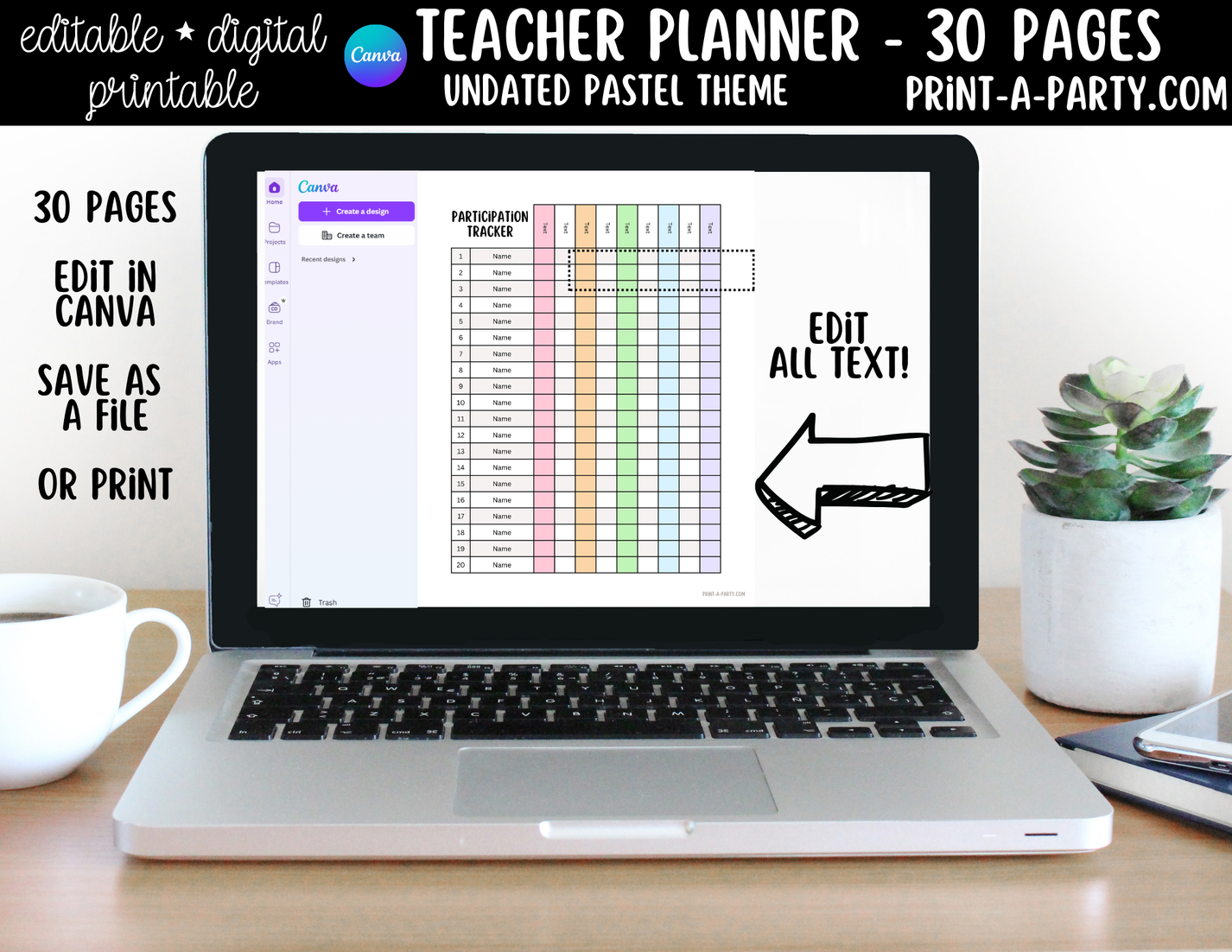 Editable Teacher Planner Canva Template | Pastel Undated 30-Page Plann ...