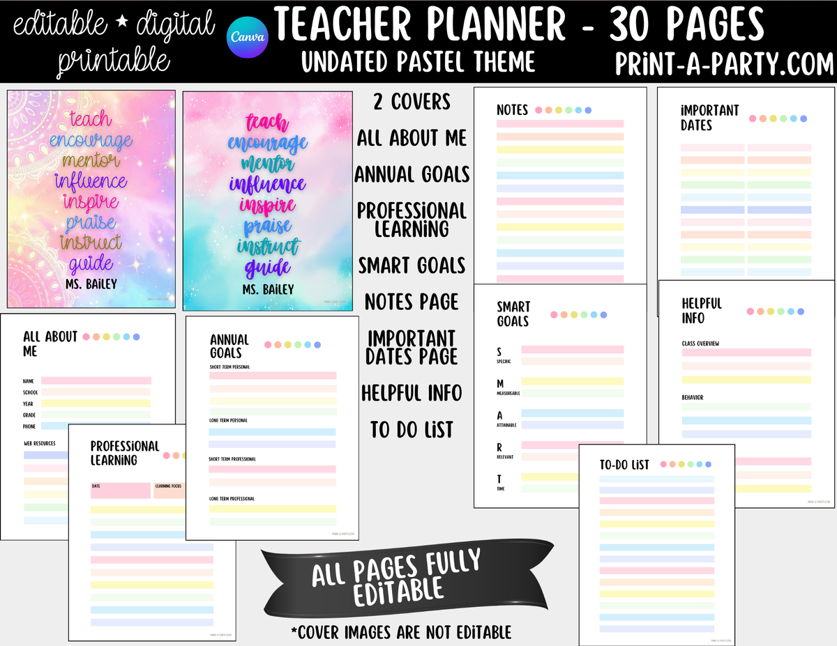 Editable Teacher Planner Canva Template | Pastel Undated 30-Page Plann ...