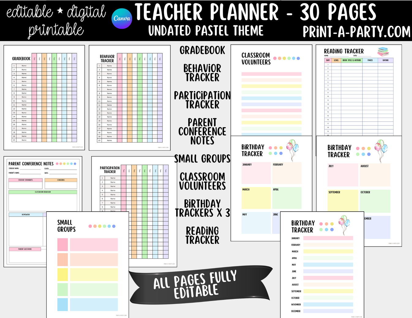PLANNER: Editable Pastel Teacher Planner Undated | 30-Page Canva Templ ...