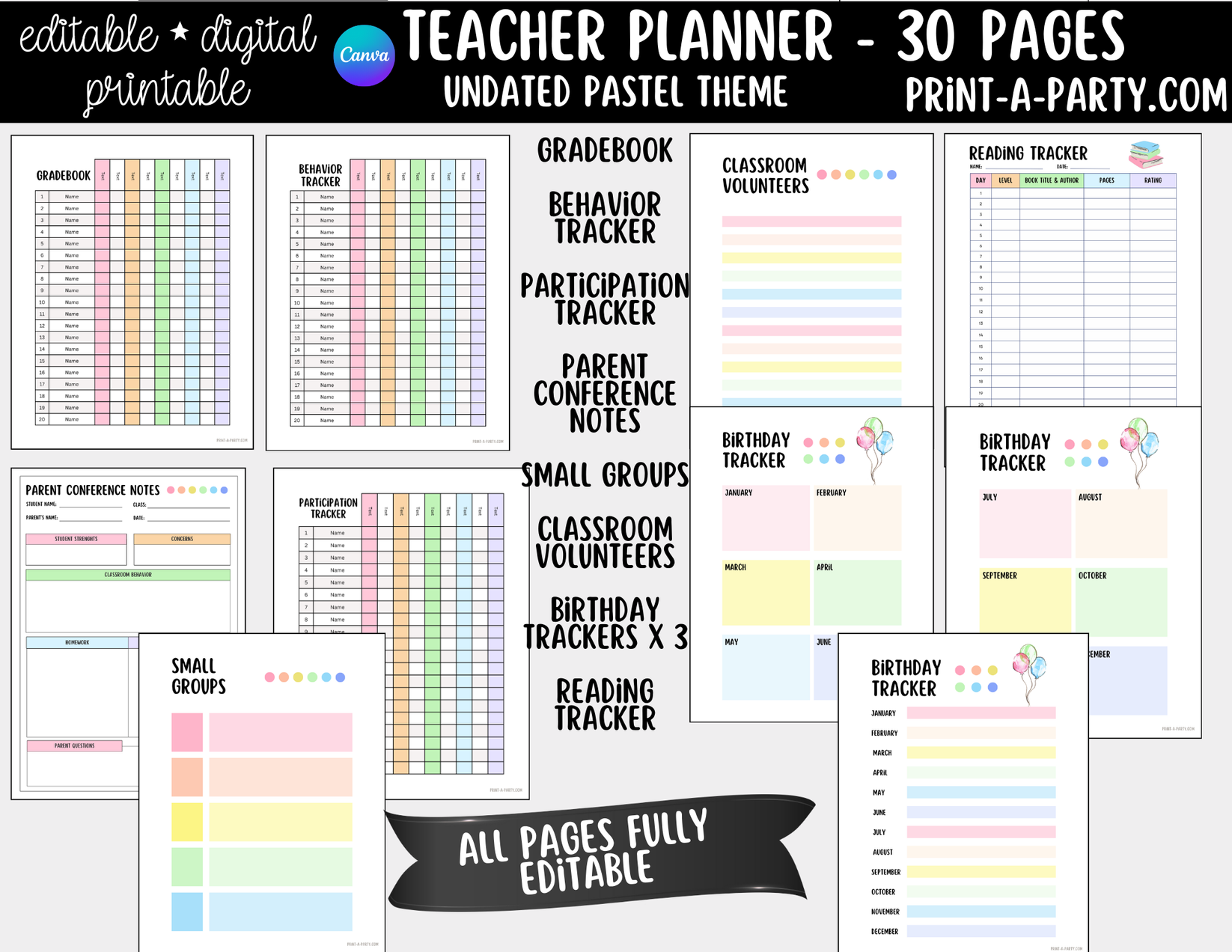 PLANNER: Editable Pastel Teacher Planner Undated | 30-Page Canva Templ ...