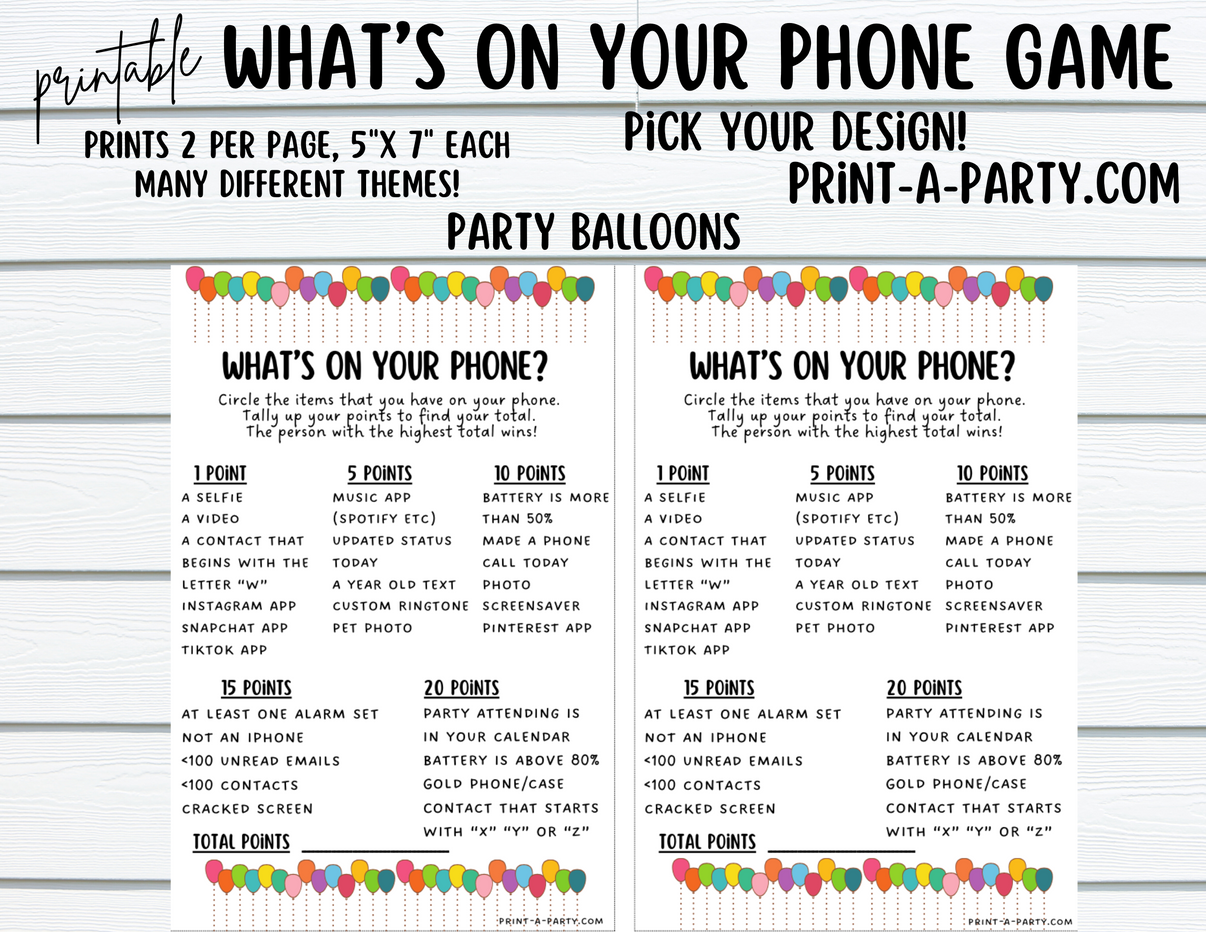WHAT'S ON YOUR PHONE? | Game Printable | 2 games per page | Birthday G ...