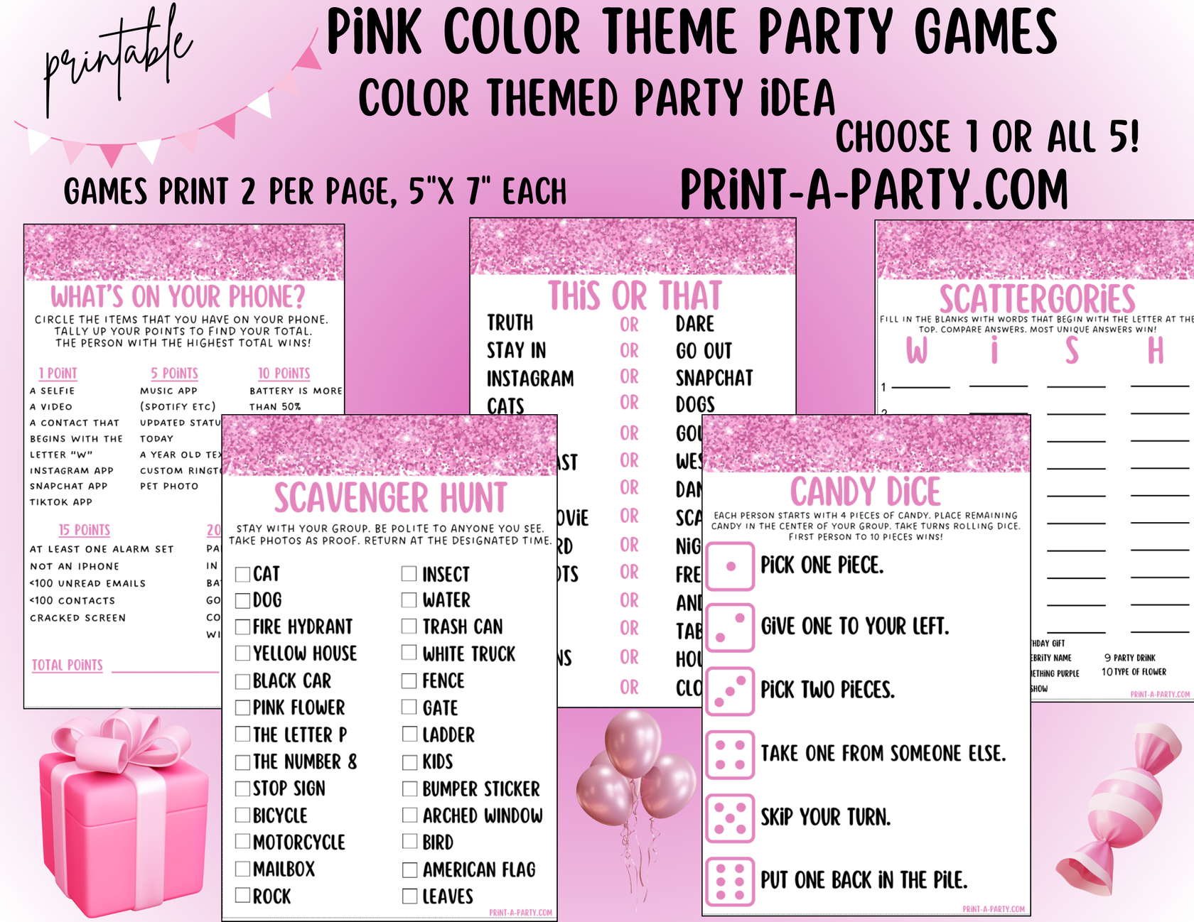 GAMES: Printable Pink Color Party Games Bundle – Vibrant Pink Party Ga ...