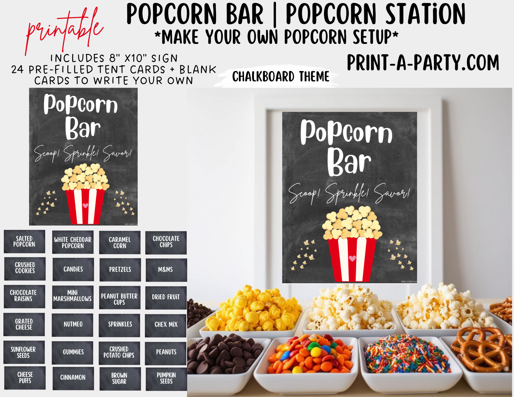 Popcorn Bar Sign & Topping Tent Cards - Printable Food Station for Mov ...
