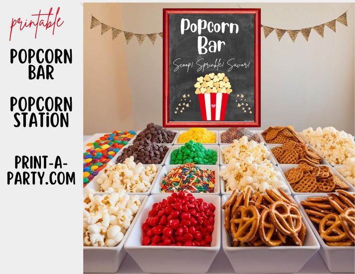 Popcorn Bar Sign & Topping Tent Cards - Printable Food Station for Mov ...