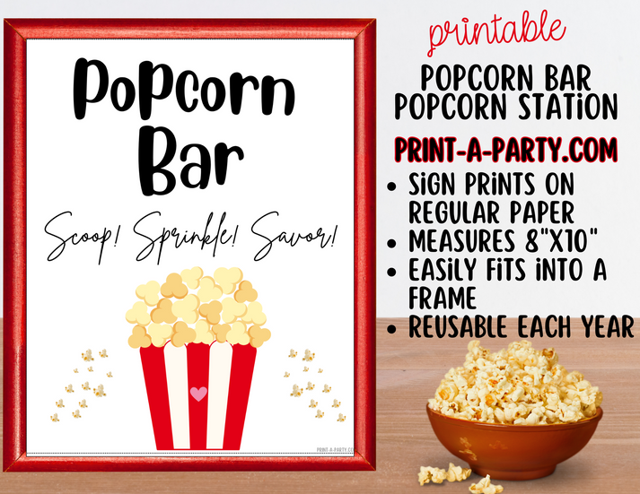 POPCORN BAR Sign & Toppings Labels Printable - White - Perfect for Mov ...