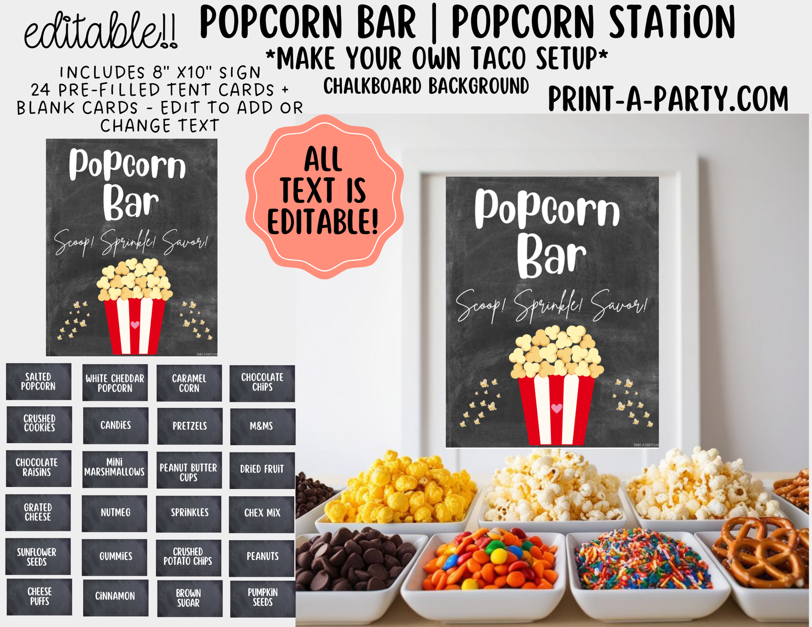 Editable POPCORN BAR - Chalkboard Sign and Toppings Labels Template ...
