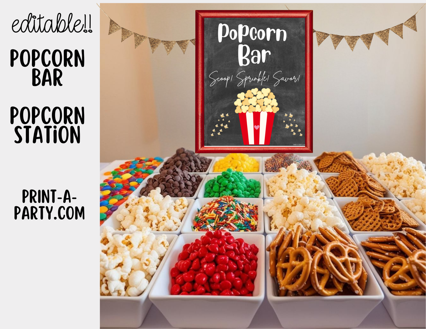 Editable POPCORN BAR - Chalkboard Sign and Toppings Labels Template ...