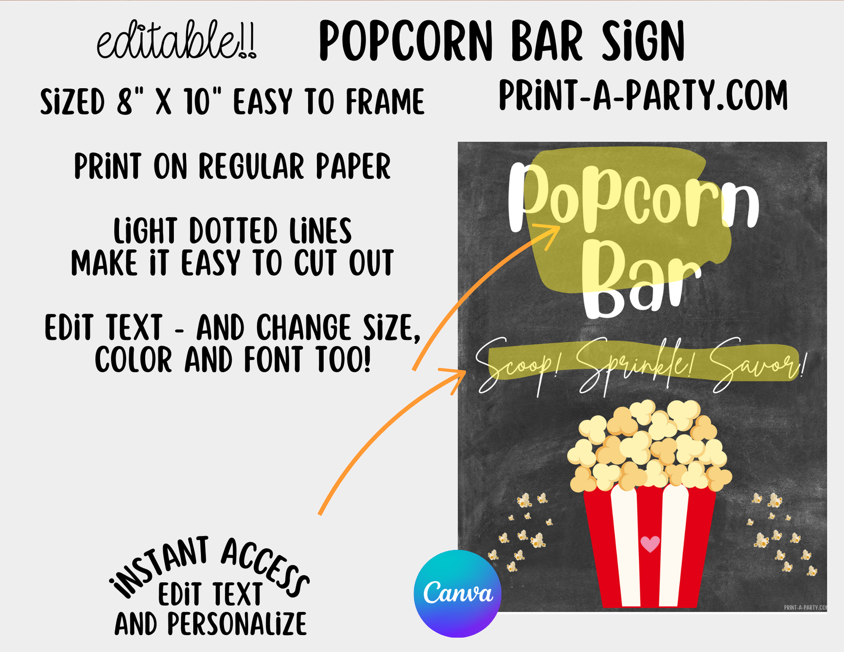Editable POPCORN BAR - Chalkboard Sign and Toppings Labels Template ...