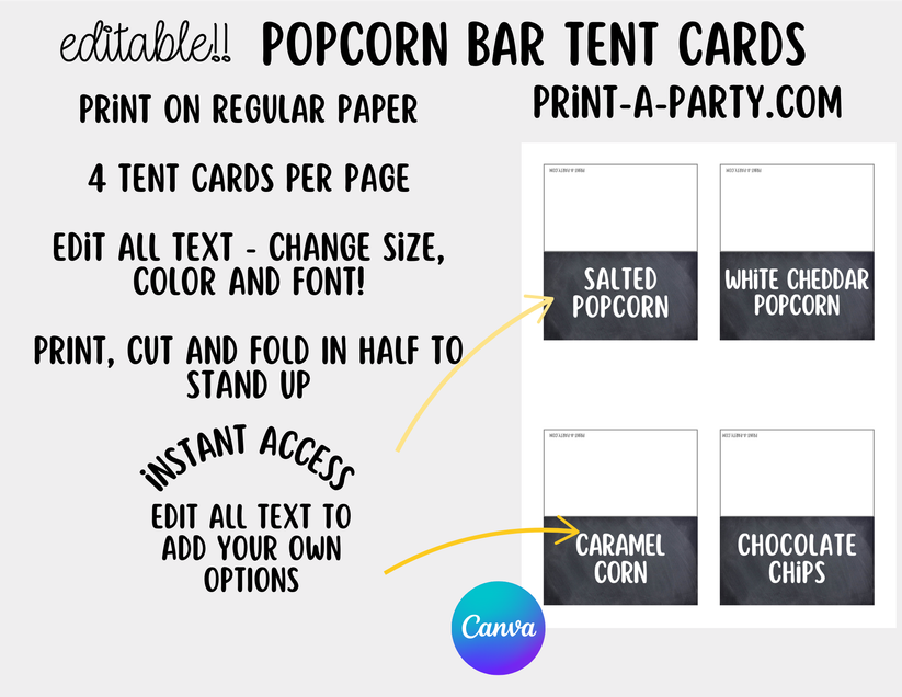 Editable POPCORN BAR - Chalkboard Sign and Toppings Labels Template ...