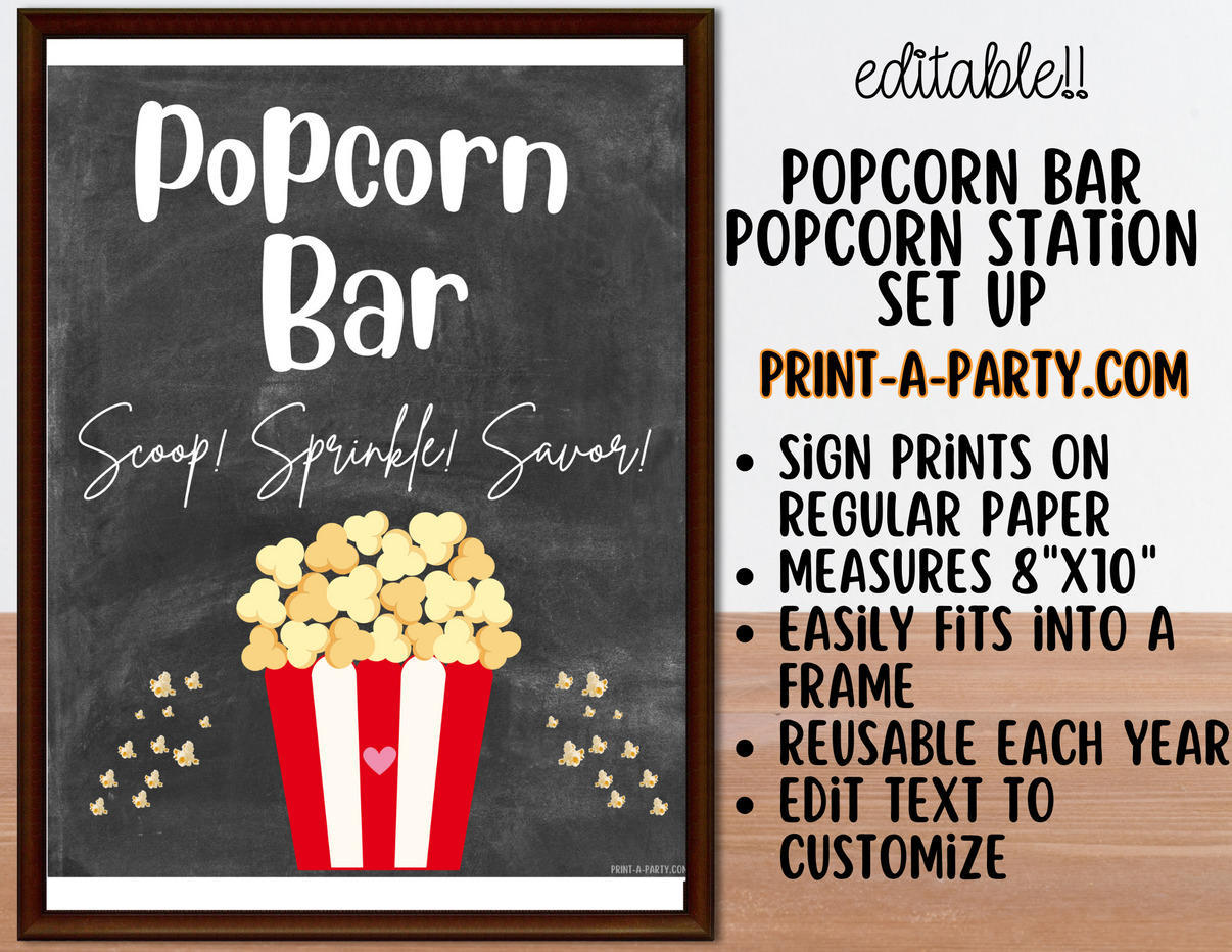 Editable POPCORN BAR - Chalkboard Sign and Toppings Labels Template ...