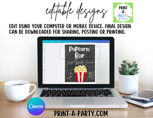 Editable POPCORN BAR - Chalkboard Sign and Toppings Labels Template ...