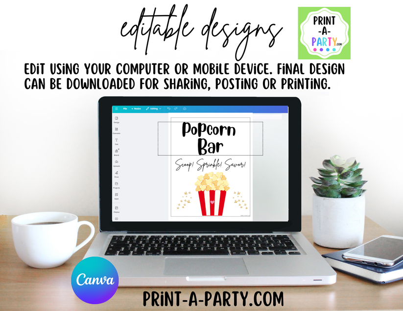 Editable POPCORN BAR - White Sign and Toppings Labels Template - Perfe ...