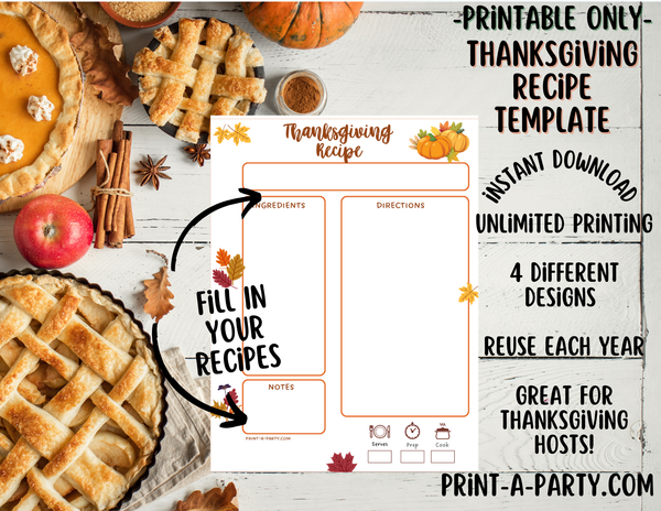 DIY Cookbook - Thanksgiving Recipe Planner Insert – Printable or Edita ...