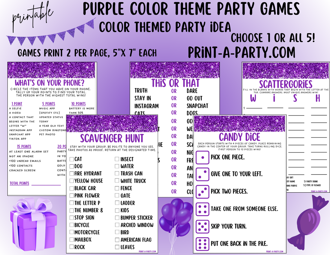 Color Party Games Printable Purple Color Party Theme Games Bundle (5x7 ...