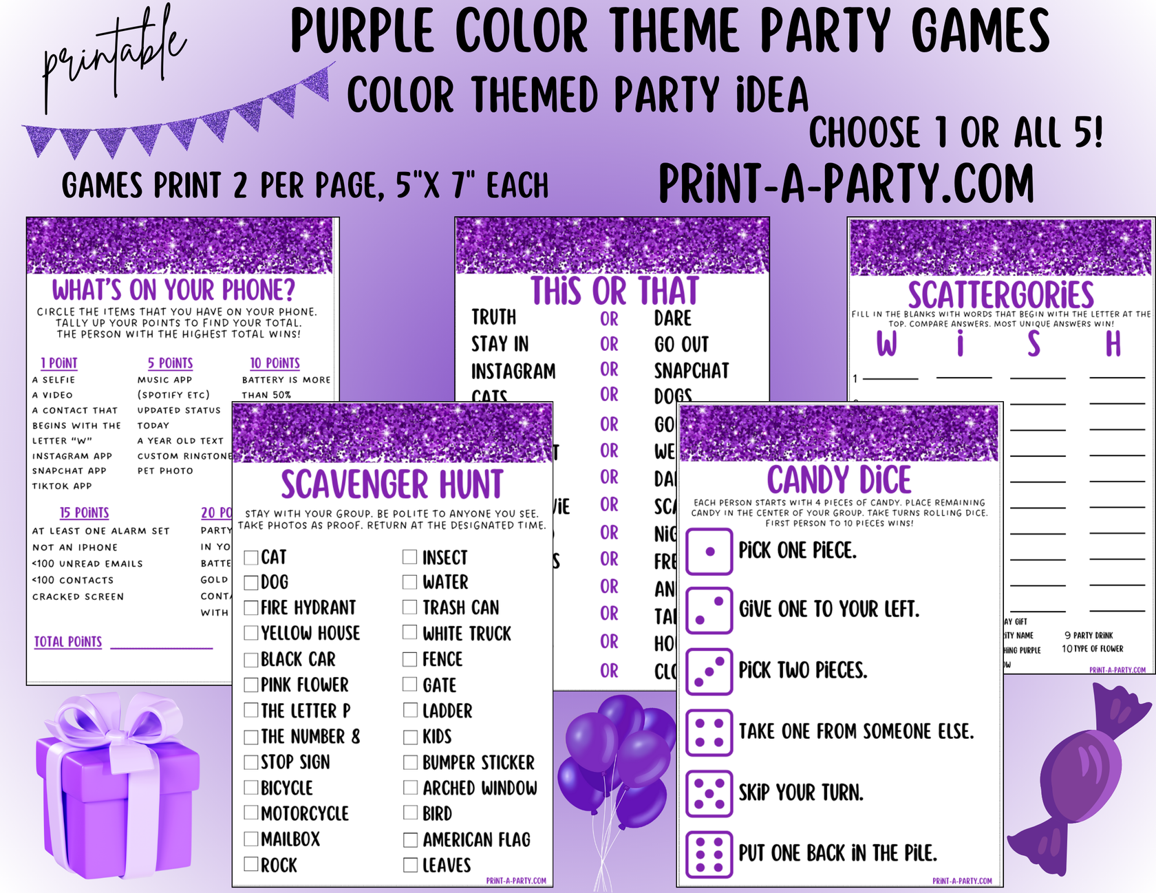 Color Party Games Printable Purple Color Party Theme Games Bundle (5x7 ...